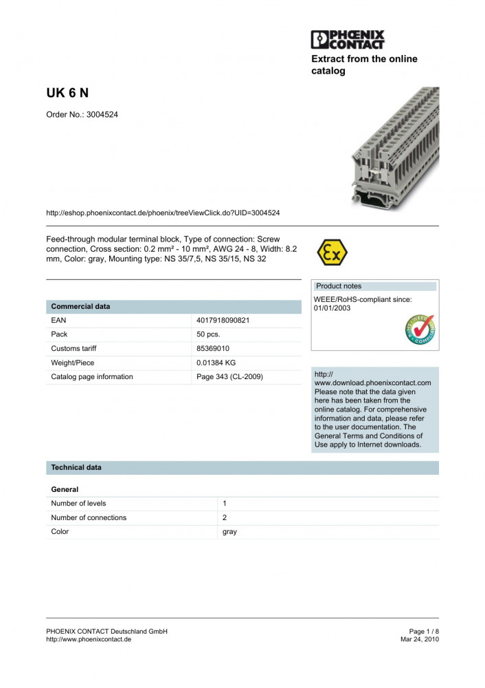 Phoenix Contact UK 6 N technical document page 1