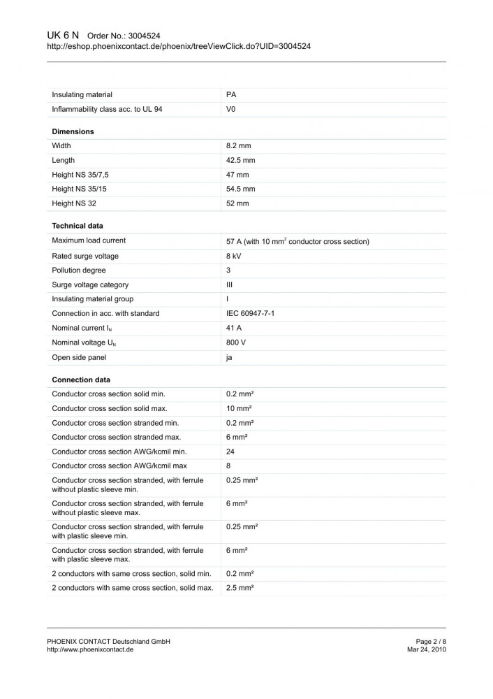 Phoenix Contact UK 6 N technical document page 2
