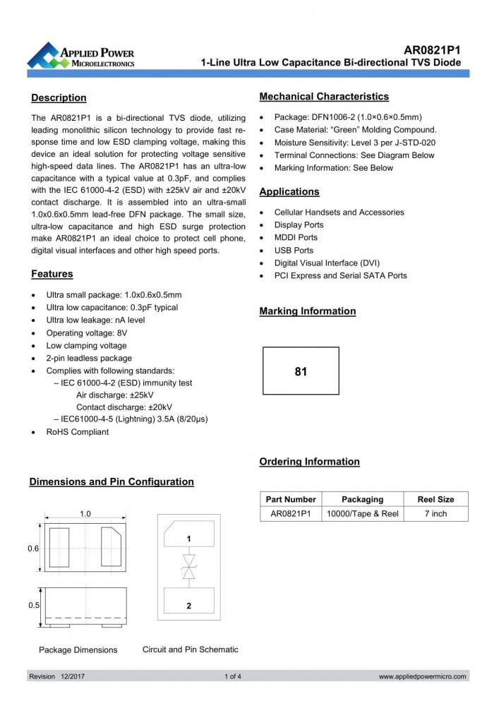 AR0821P1 datasheet page 1