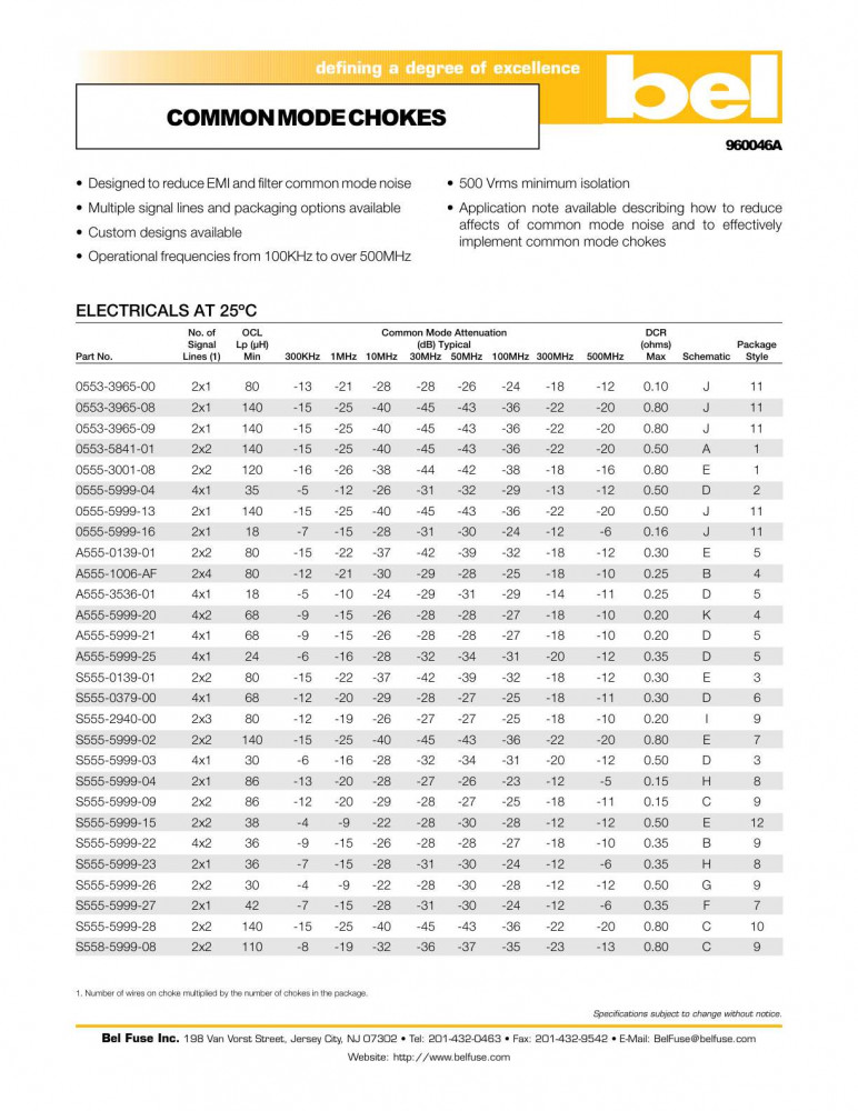 Bel Fuse common mode choke document page 1