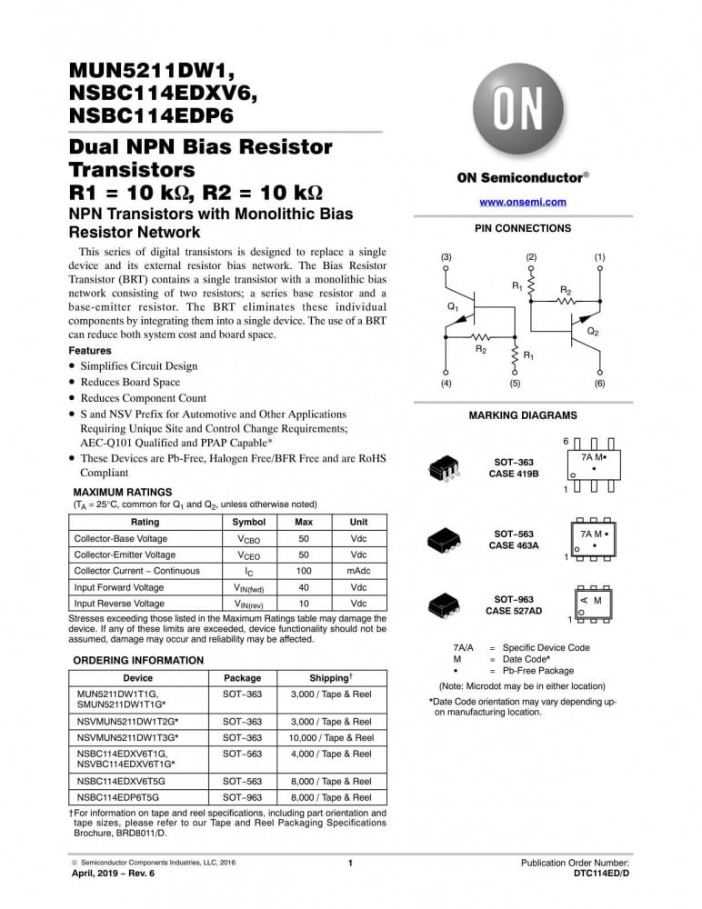NSBC114EDXV6T5G datasheet page 1