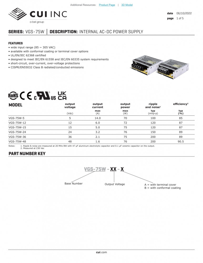 VGS-75W series datasheet page 1