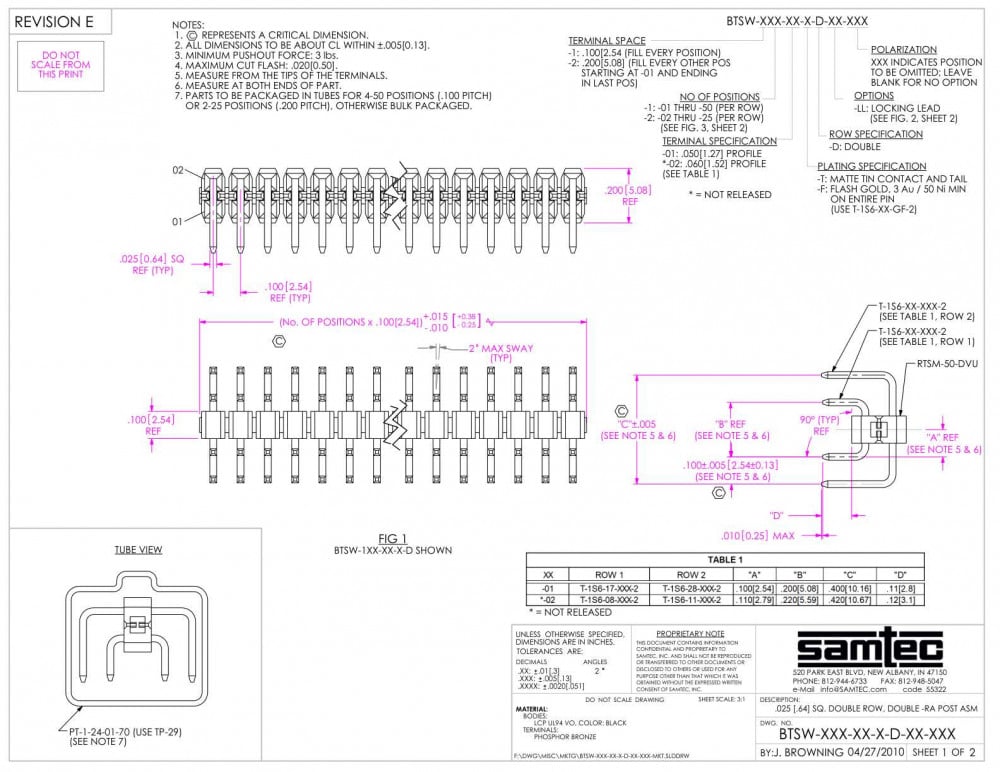 Samtec BTSW technical drawing page 1