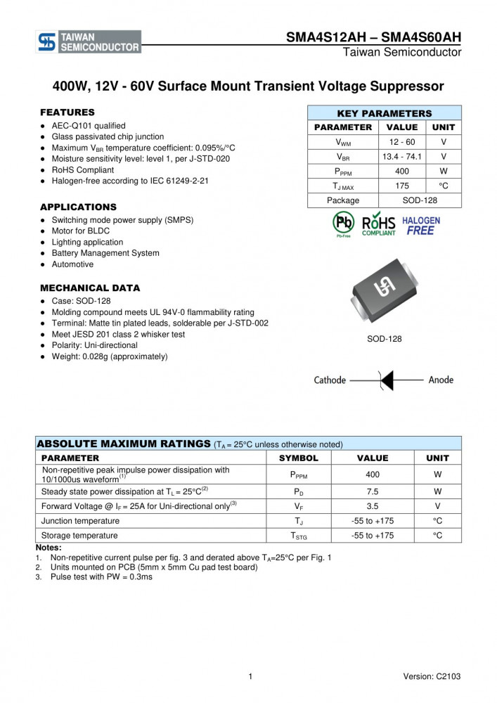 SMA4S15AH datasheet page 1