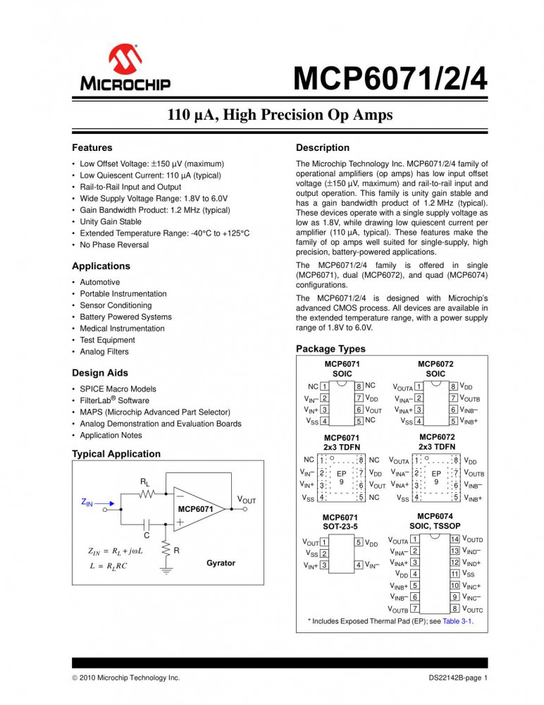 MCP6071 technical document page 1