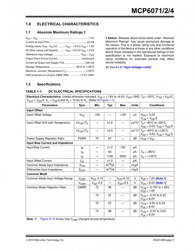 MCP6071 technical document page 3