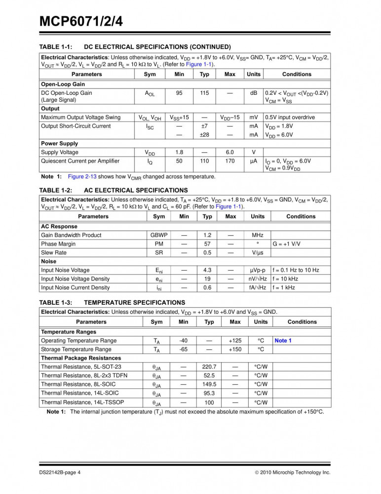 MCP6071 technical document page 4