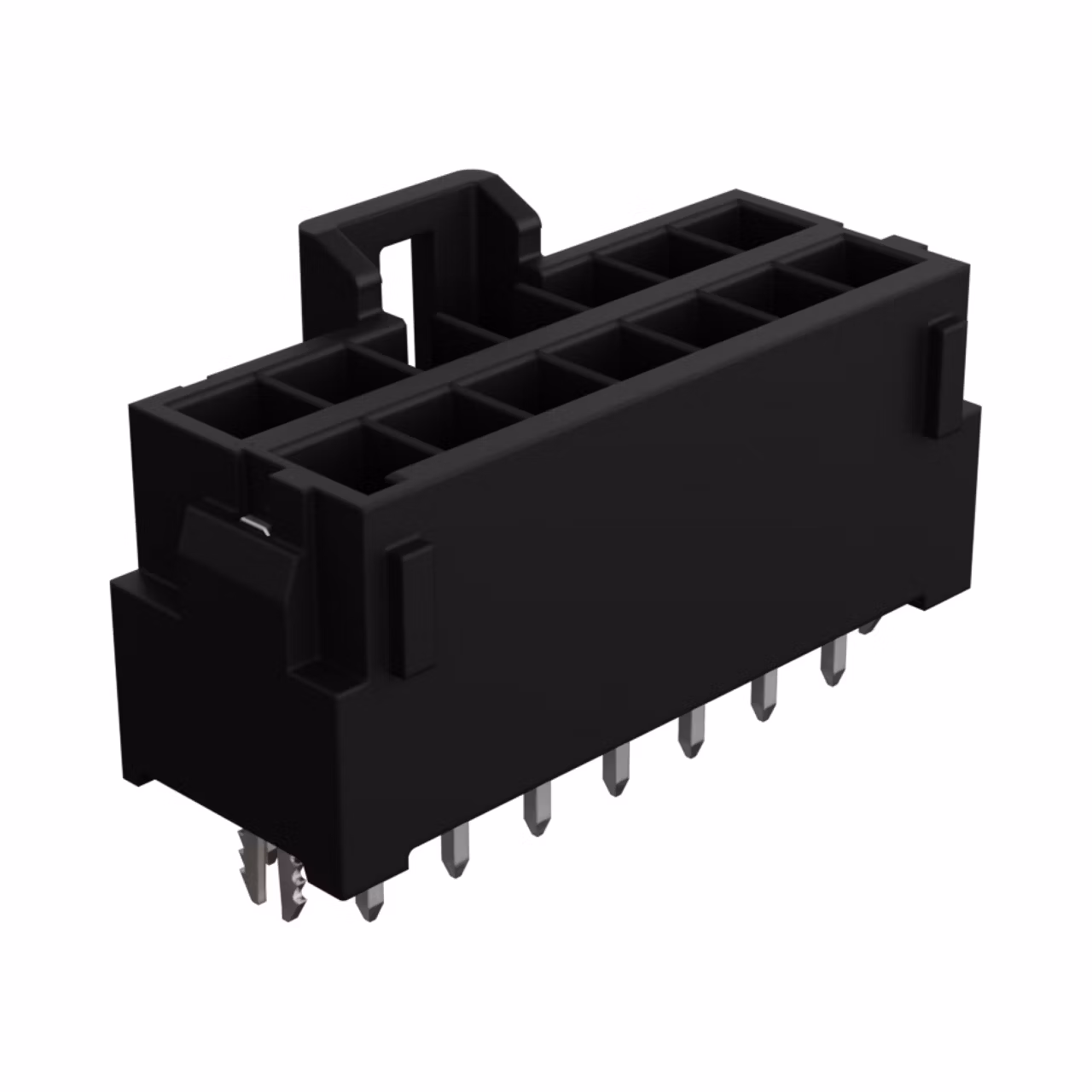 Ultra-Fit Vertical Header, 3.50mm Pitch, Dual Row, 8 Circuits, with Kinked Pins, Tin (Sn) Plating, Black, Glow-Wire Capable, Embossed Tape on Reel, with Pick-and-Place Tape