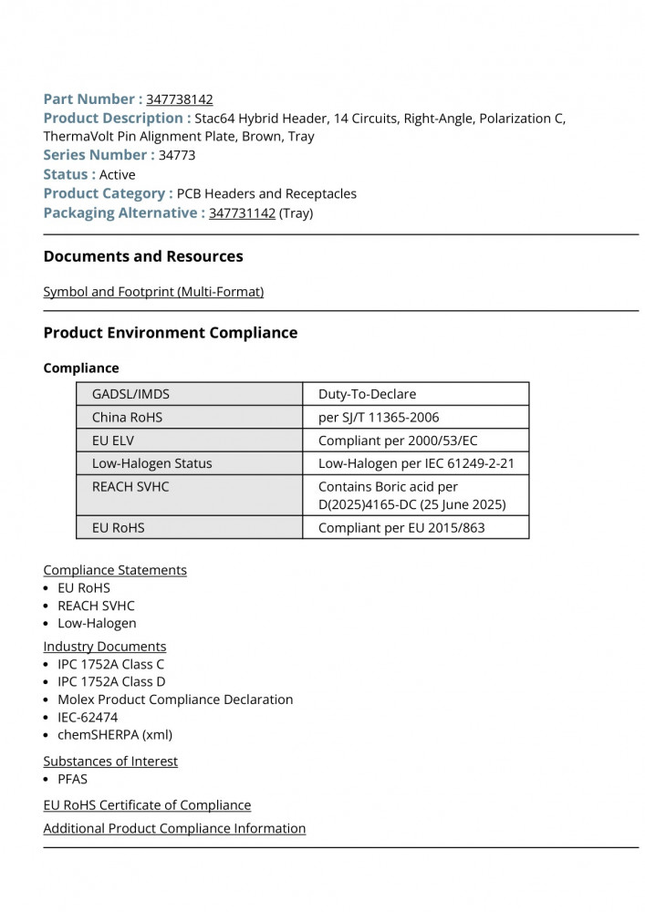 MOLEX 347738142 technical document page 1