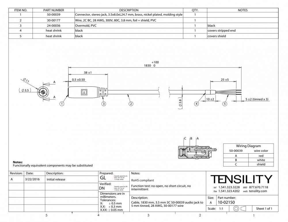 Tensility 10-02150 cable assembly drawing preview