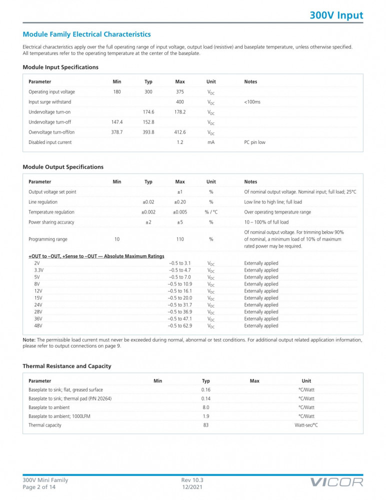 VICOR V300B12H250BS document preview, page 2