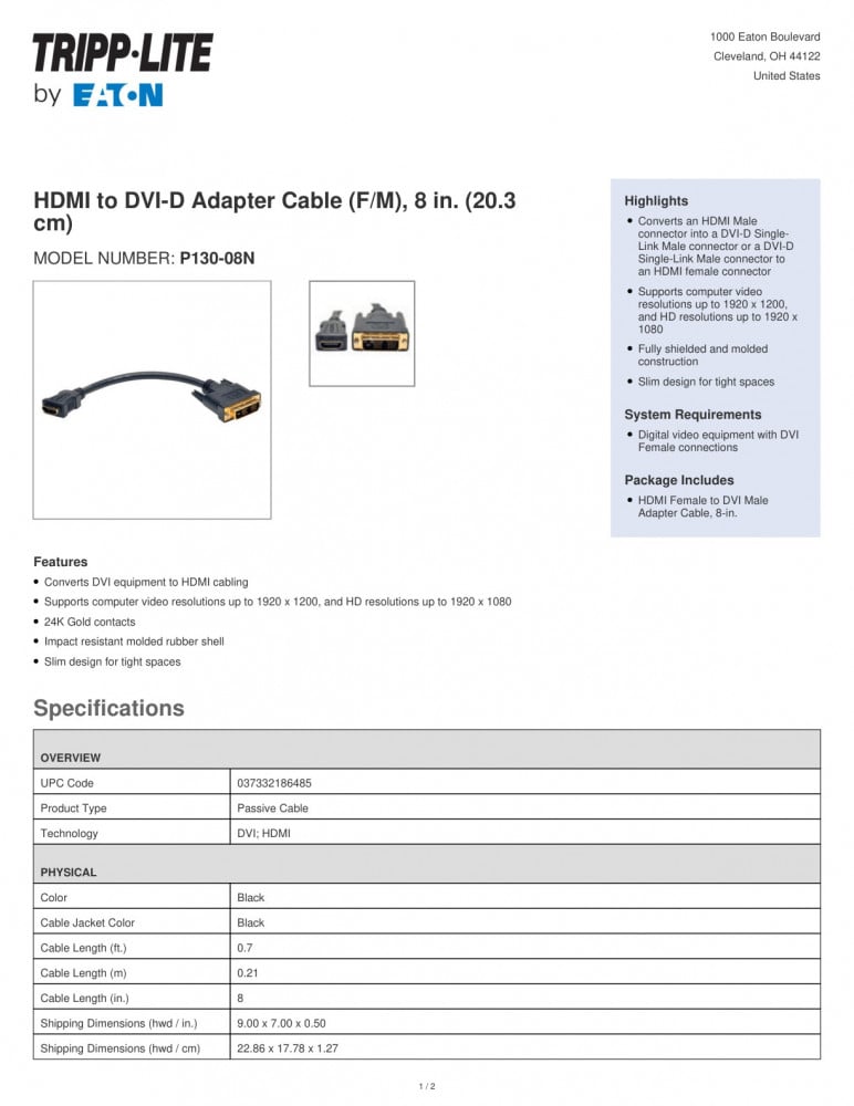 EATON P130-08N technical document page 1