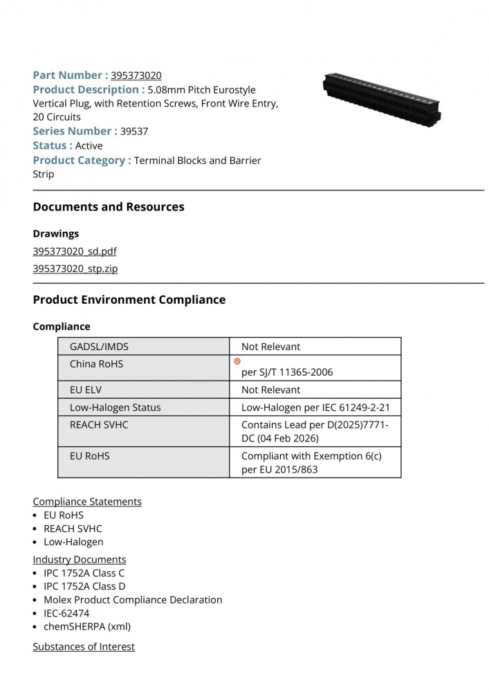 MOLEX 395373020 drawing page 1