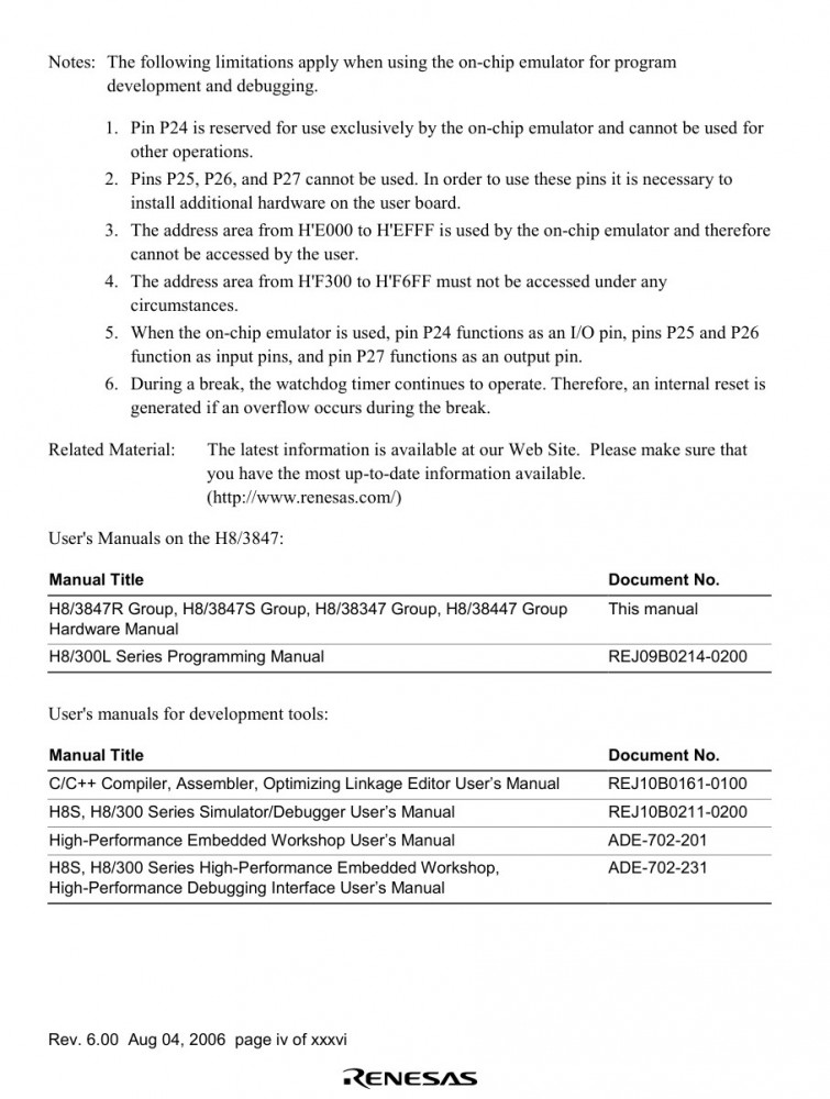 Renesas H8/3847R hardware manual page 4