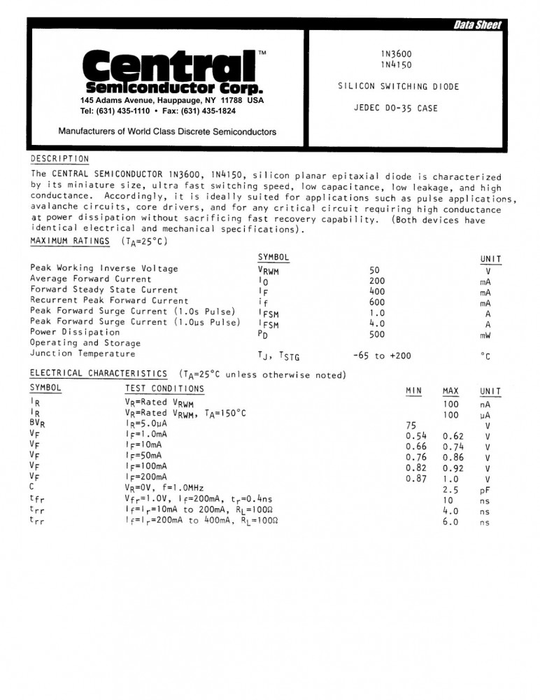 Central 1N4150 technical document page 1