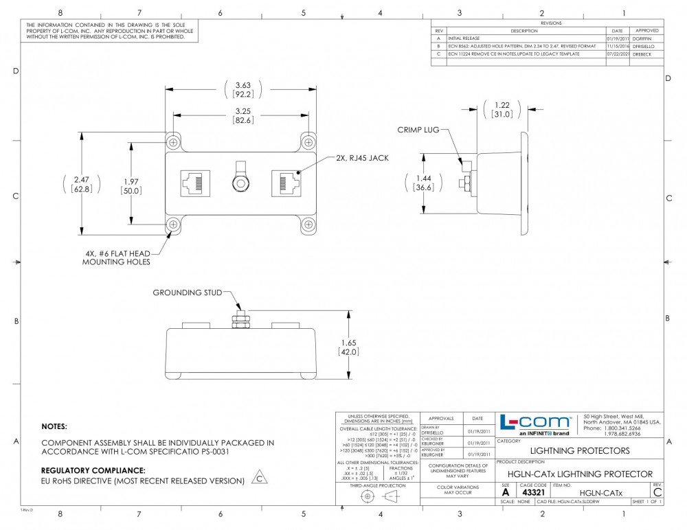 L-com HGLN-CAT5EJW technical drawing