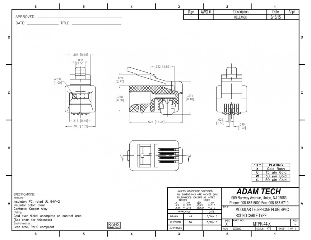 ADAM TECH MTPR-44 modular telephone plug product drawing