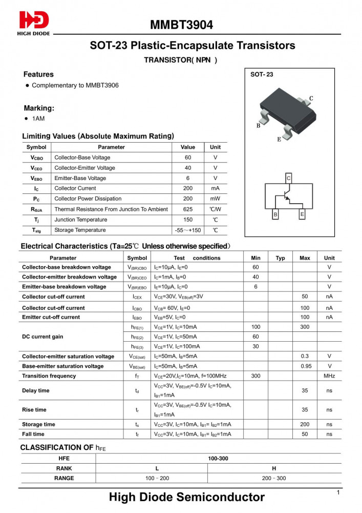 MMBT3904 technical document page 1