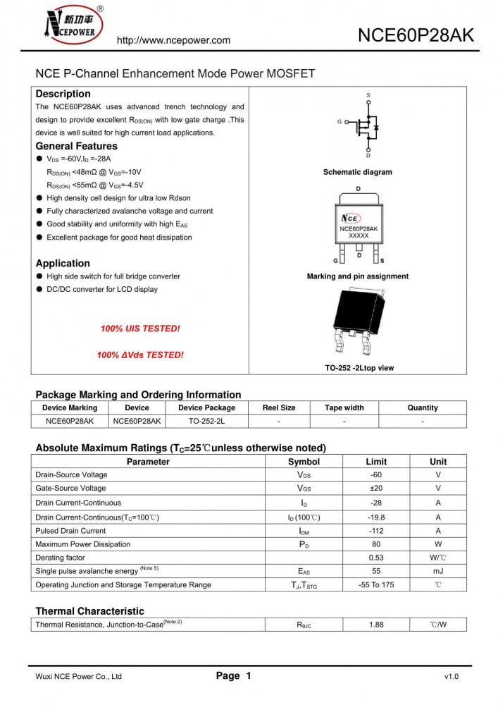 NCE60P28AK datasheet page 1