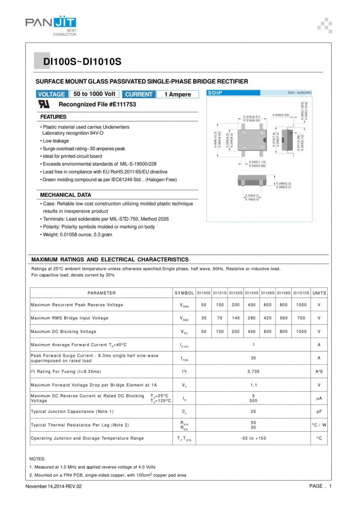 PANJIT DI108S datasheet page 1