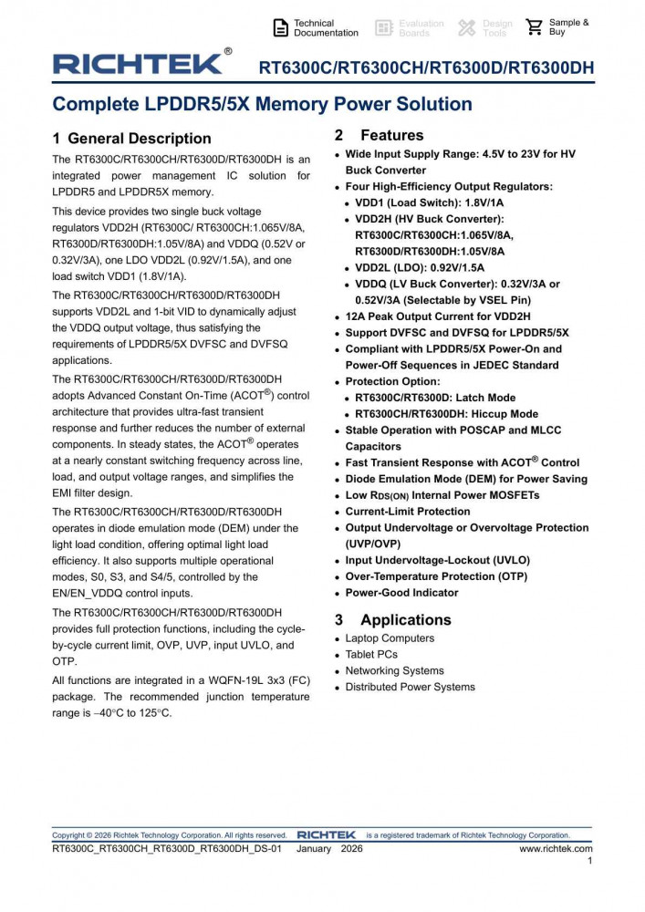 RT6300 family datasheet preview, page 1