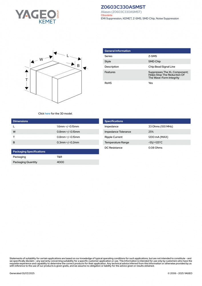 Z0603C330ASMST technical document page