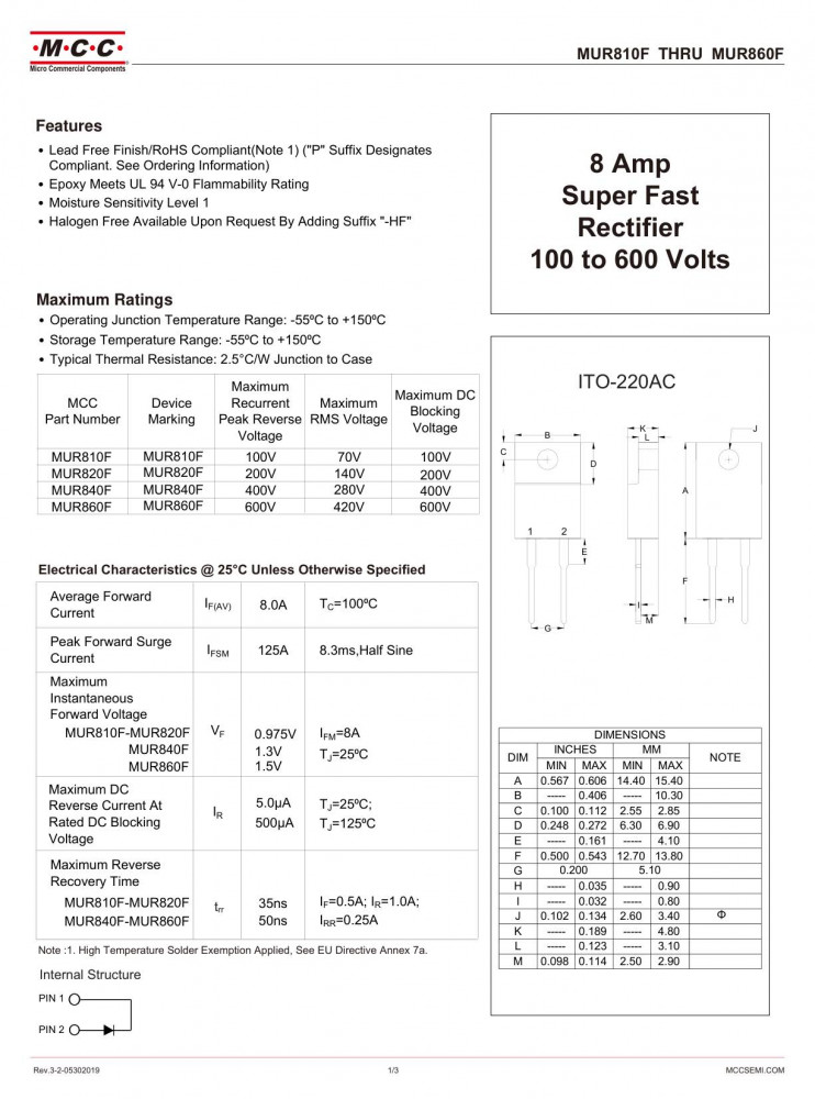 MUR860F-BP datasheet page 1