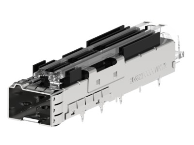 QSFP-DD Cage Assembly, 1-by-4, NET Fin Heat Sink, Spring Fingers, One Rear Leg, with Press-Fit Pins, Robust