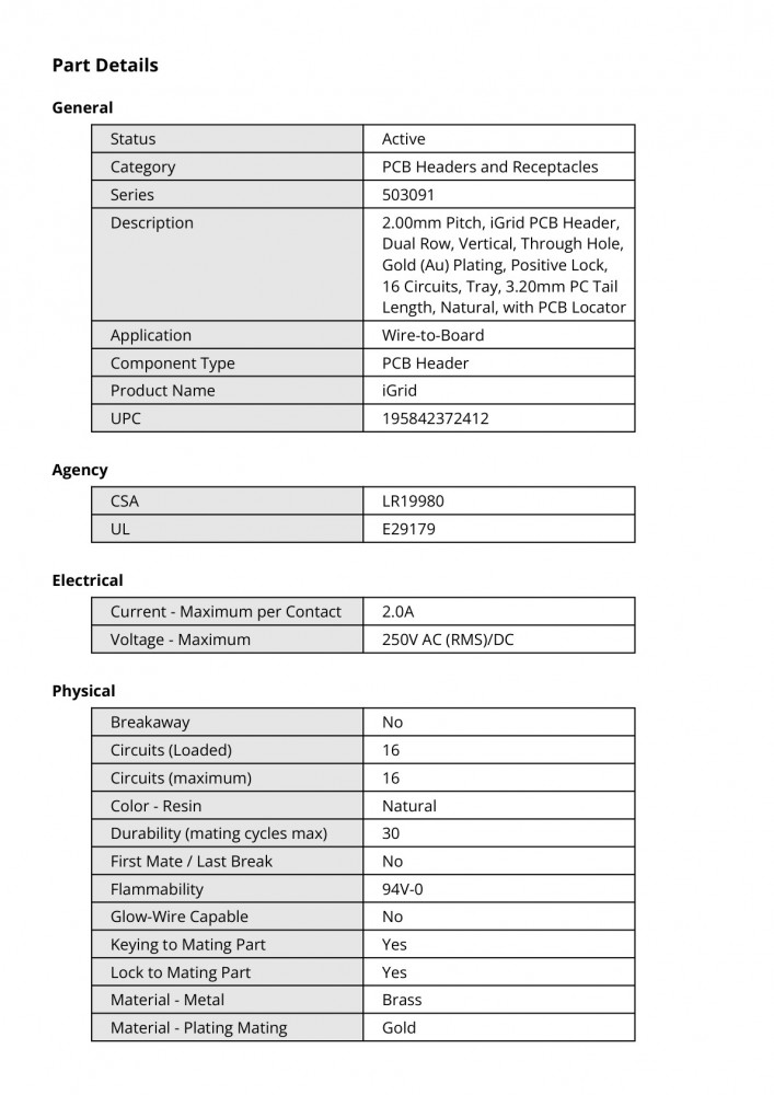 Technical document page 2 for MOLEX 5030911620