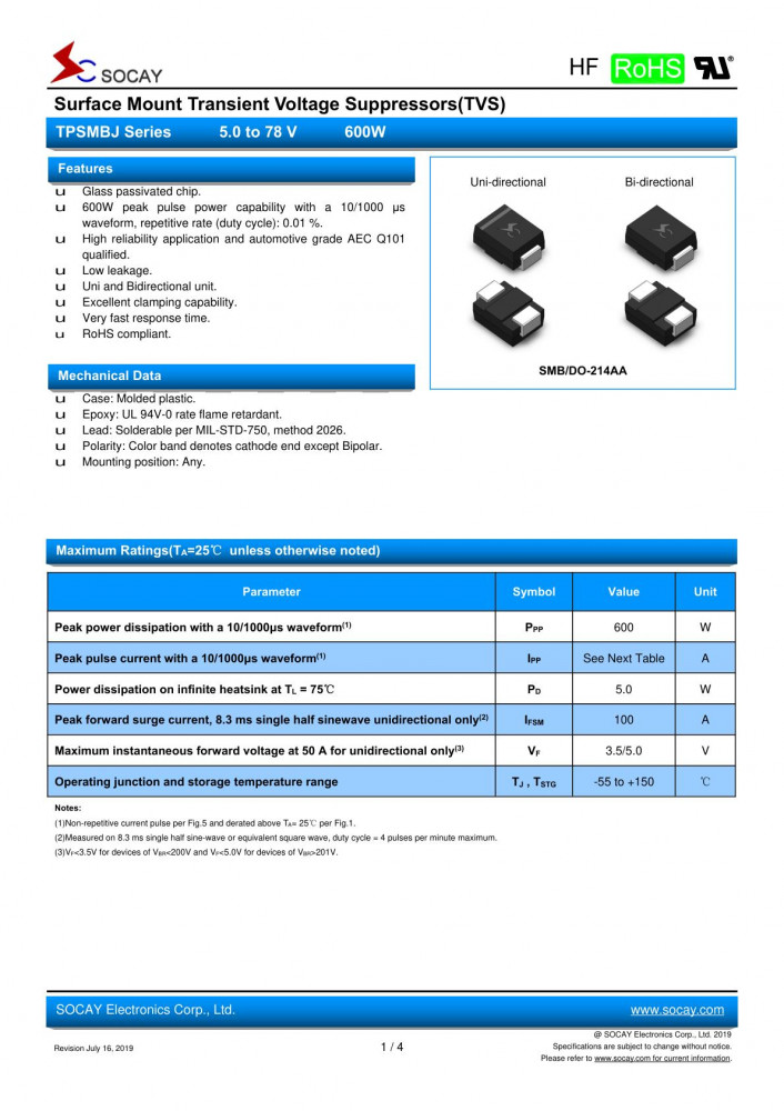 TPSMBJ40A and TPSMBJ40CA datasheet page 1