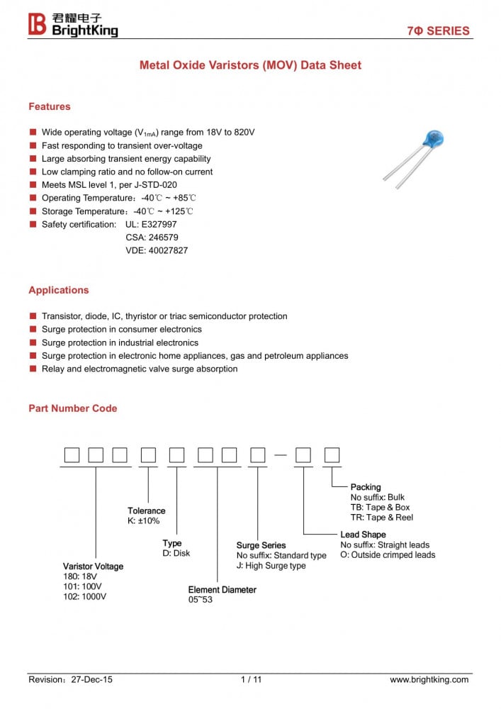 Brightking MOV datasheet page 1