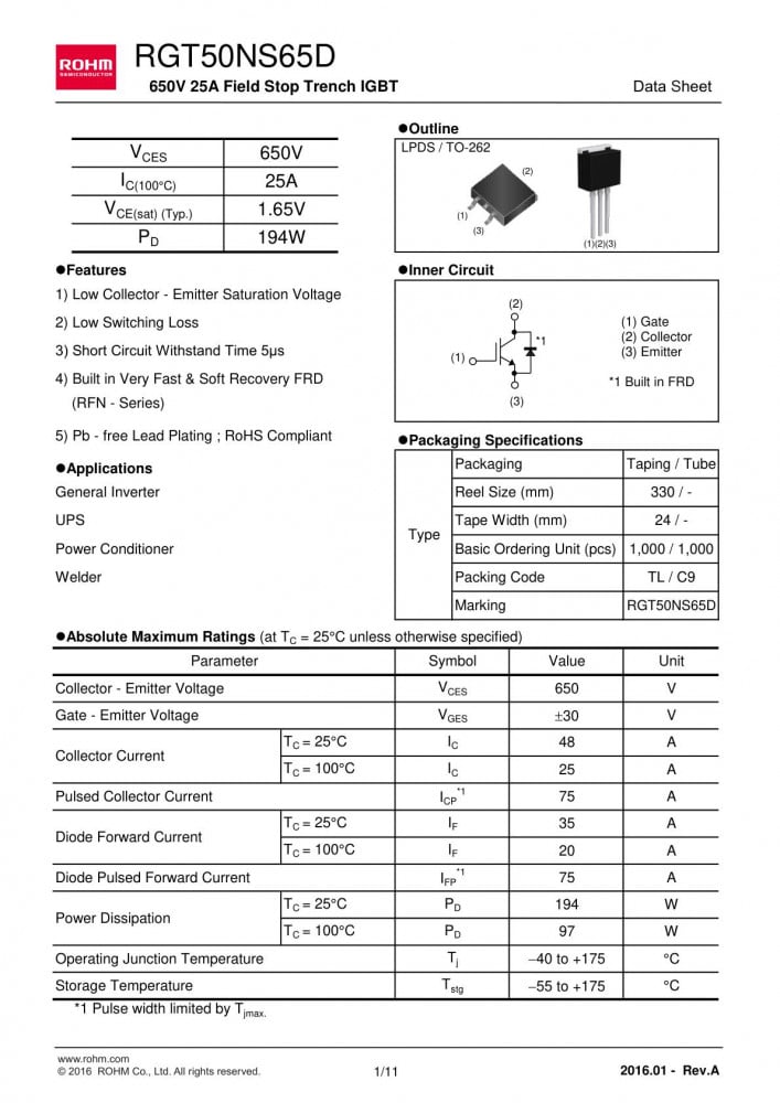 RGT50NS65DGTL technical document page 1