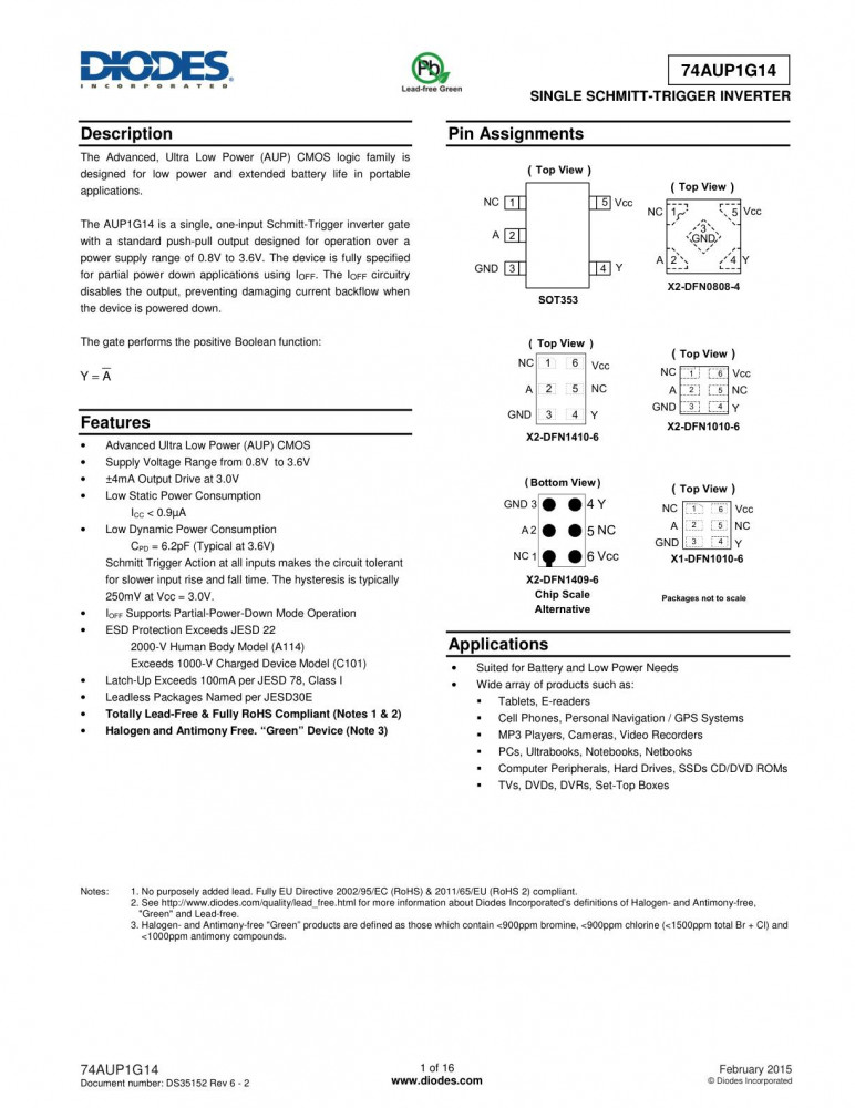 74AUP1G14FW5-7 datasheet page 1