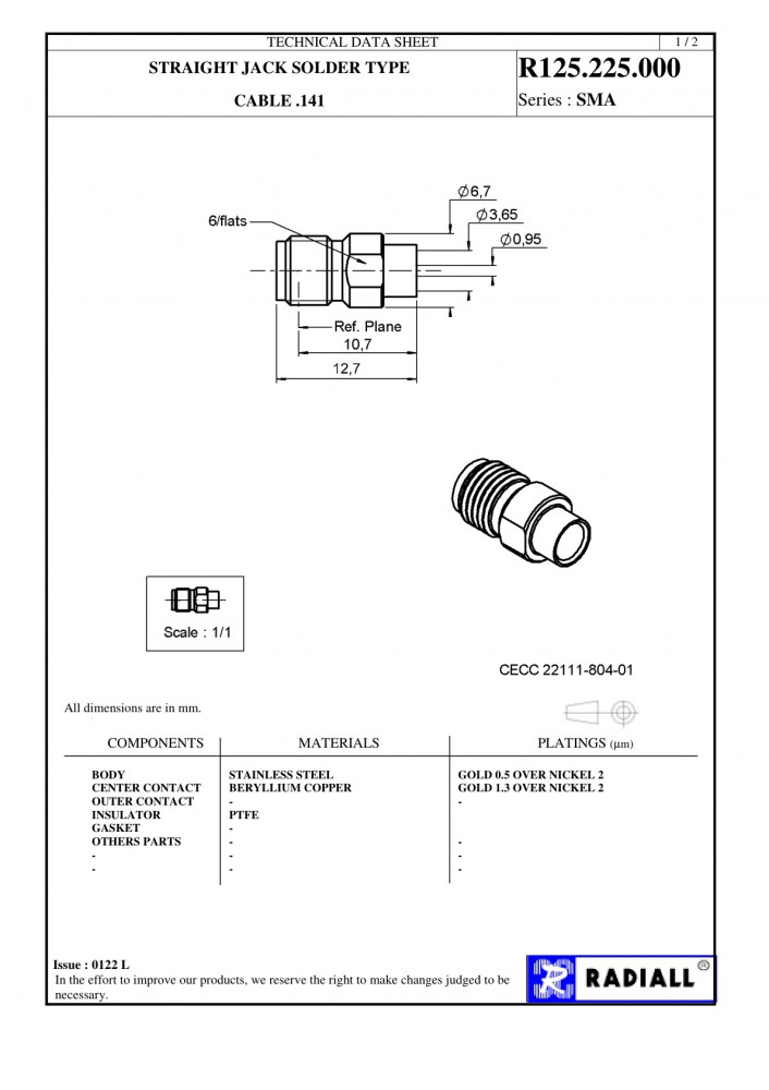 Radiall R125225000 product drawing and construction page