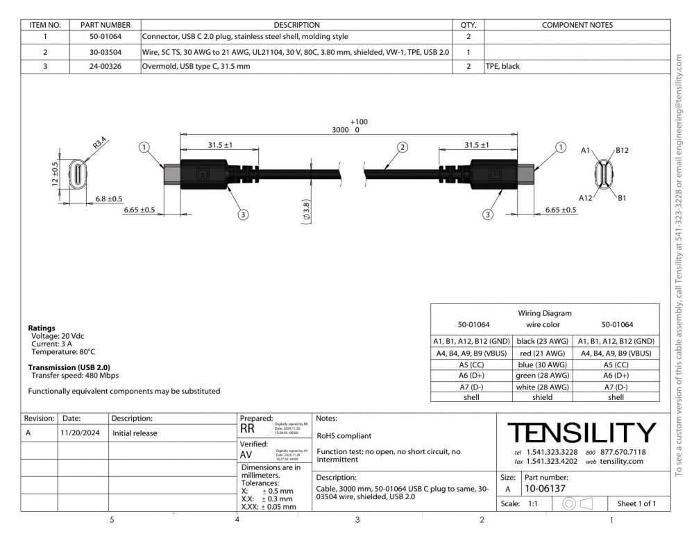 Tensility International 10-06137 USB-C to USB-C cable assembly drawing