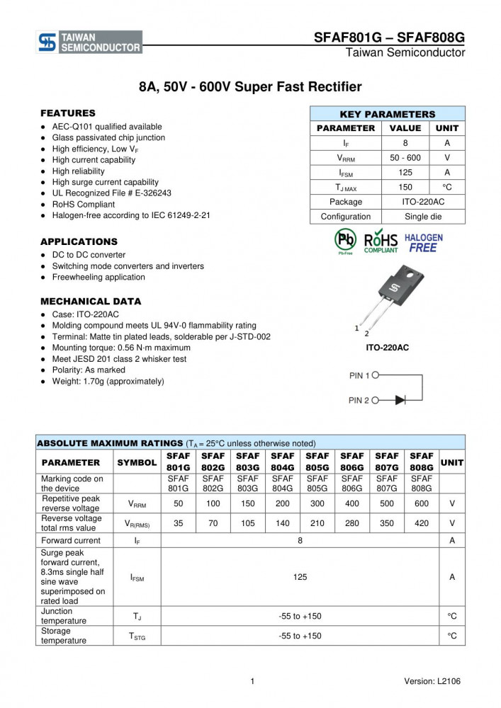 SFAF807G datasheet page 1