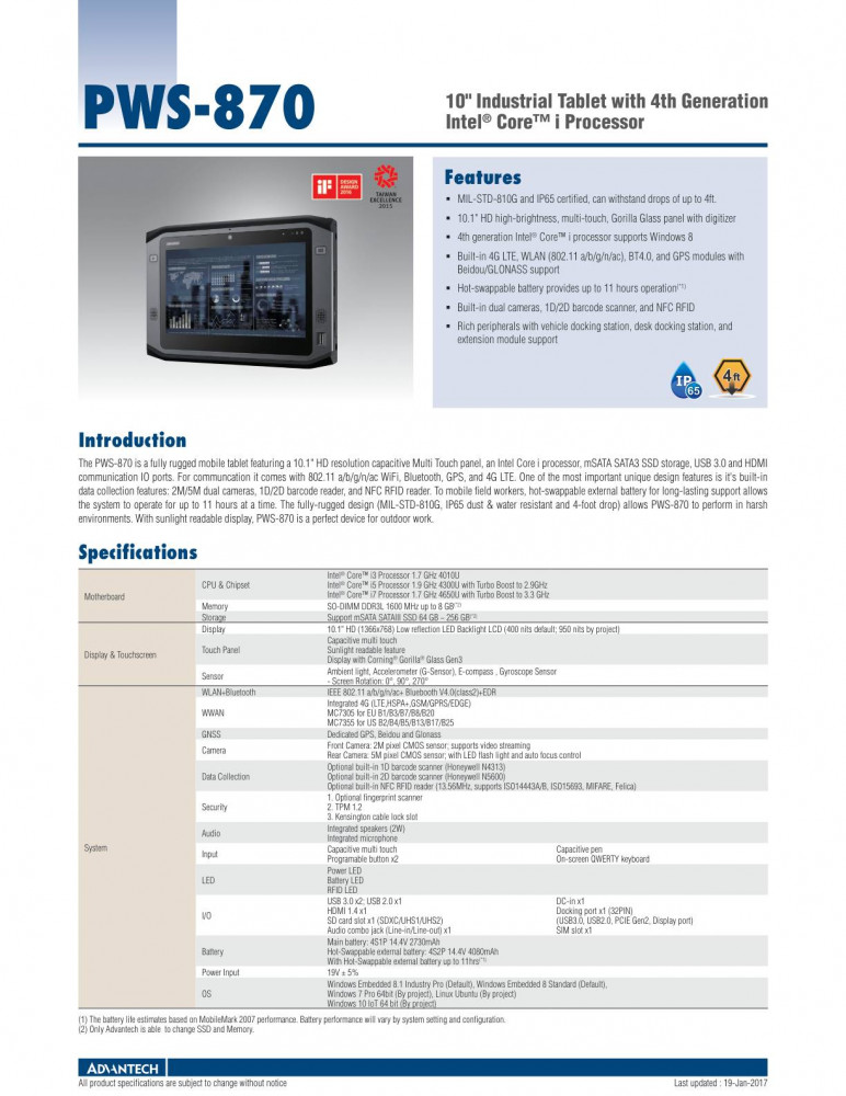 PWS-870 product document page 1