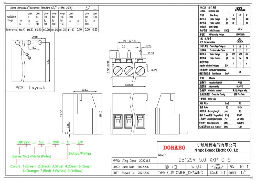 DORABO DB129R PCB layout and technical drawing