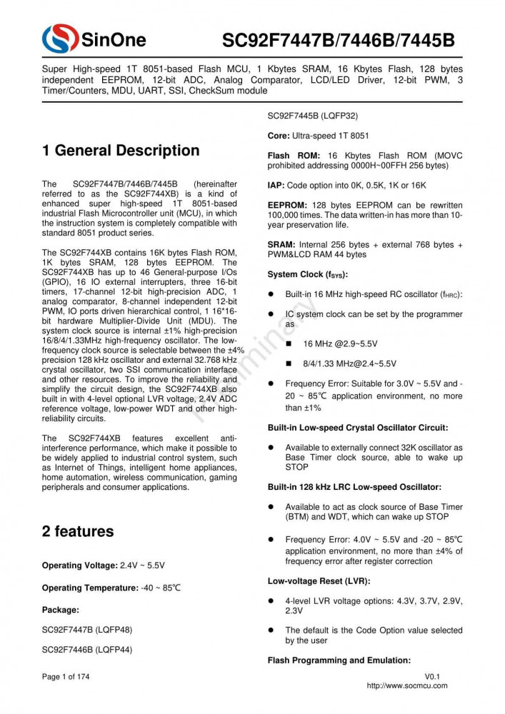 SC92F7446B technical document page 1
