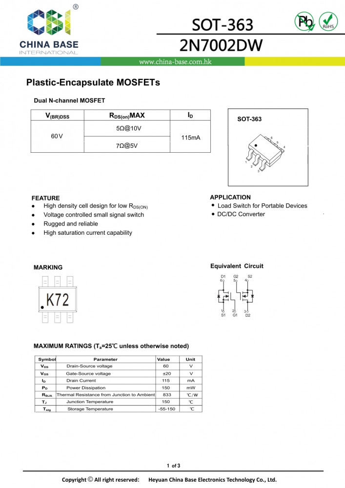 2N7002DW datasheet page 1