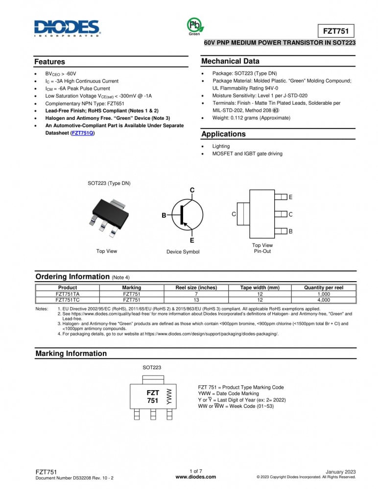 FZT751TA datasheet page 1