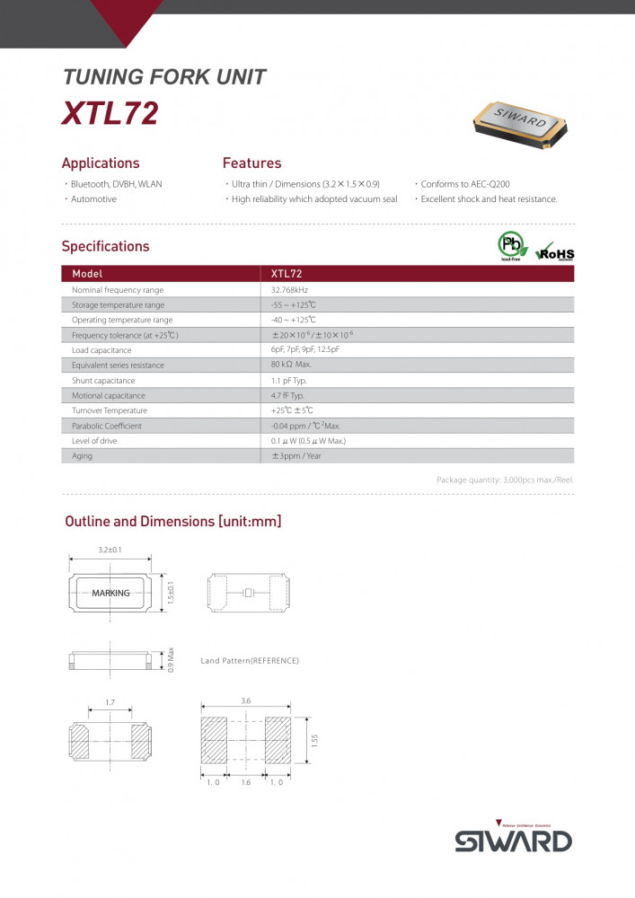 SIWARD XTL72 tuning fork unit datasheet page