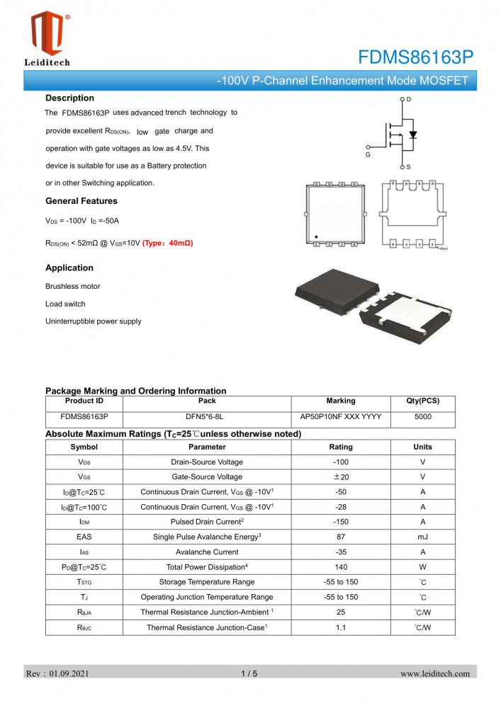 FDMS86163P datasheet page 1