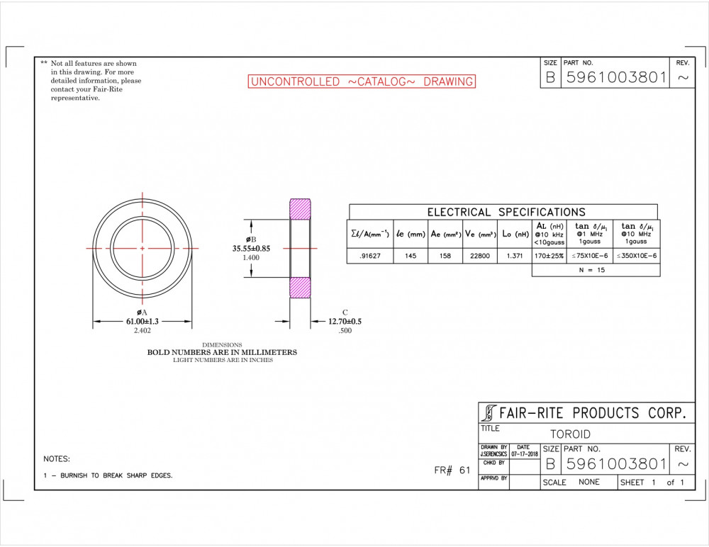 Fair-Rite 5961003801 technical document preview