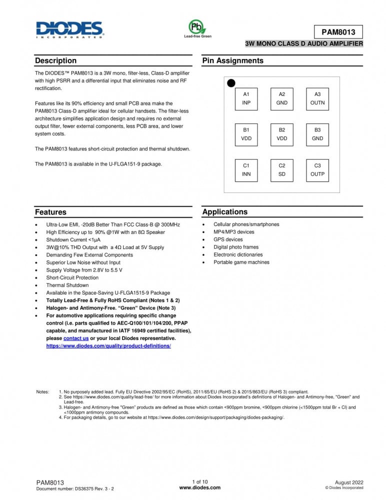 PAM8013 datasheet page 1