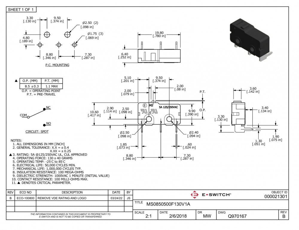 E-Switch MS0850500F130V1A technical drawing