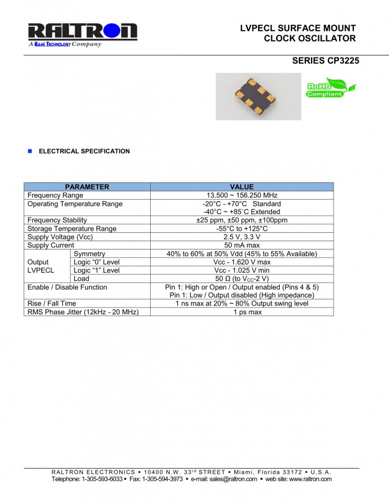 Raltron CP3225 technical document page 1