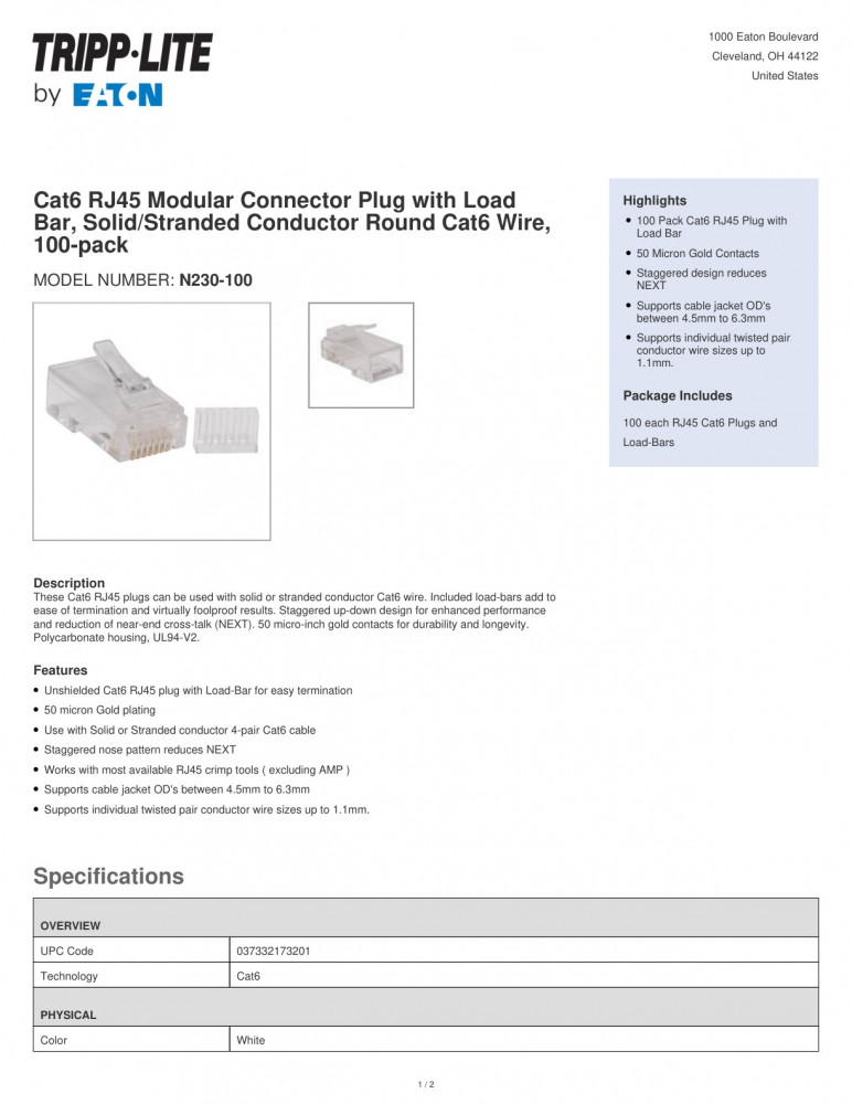 EATON N230-100 product documentation page 1