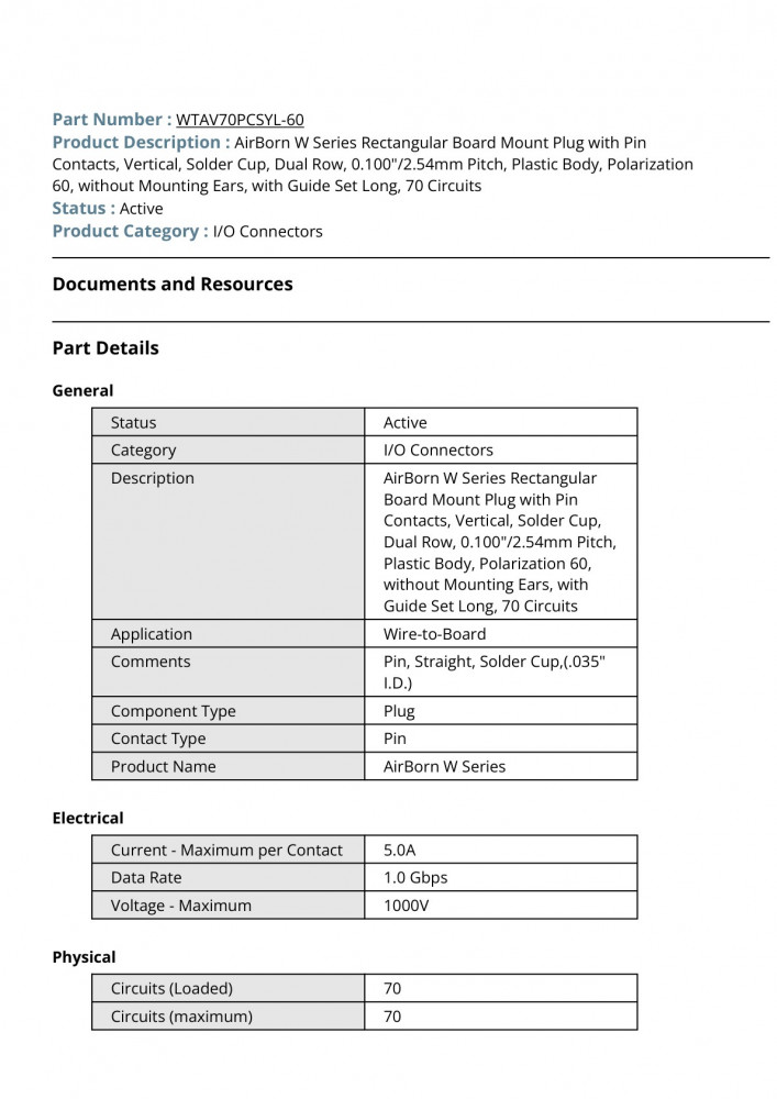WTAV70PCSYL-60 technical document page 1