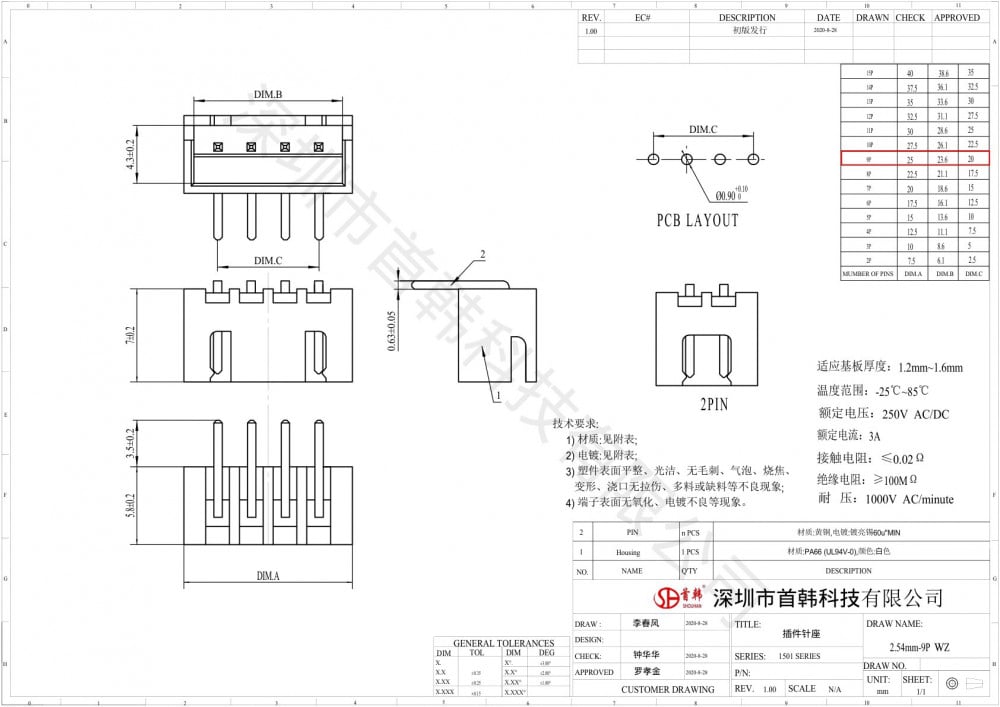 2.54mm-9P WZ specification page 1